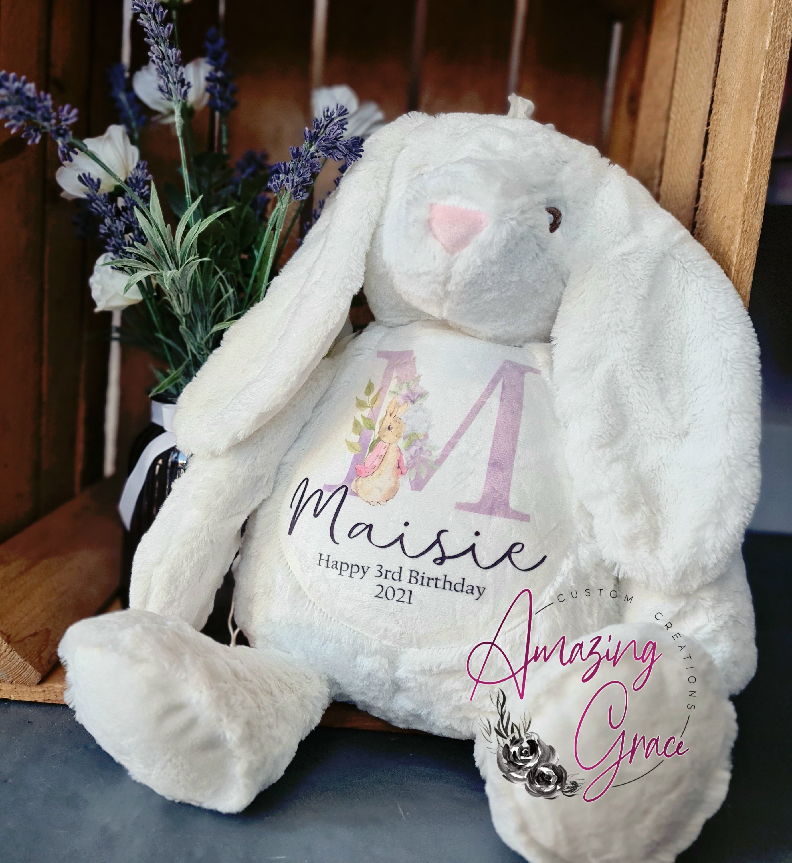 Personalised Bunny teddy - birthday – Amazing Grace Custom Creations